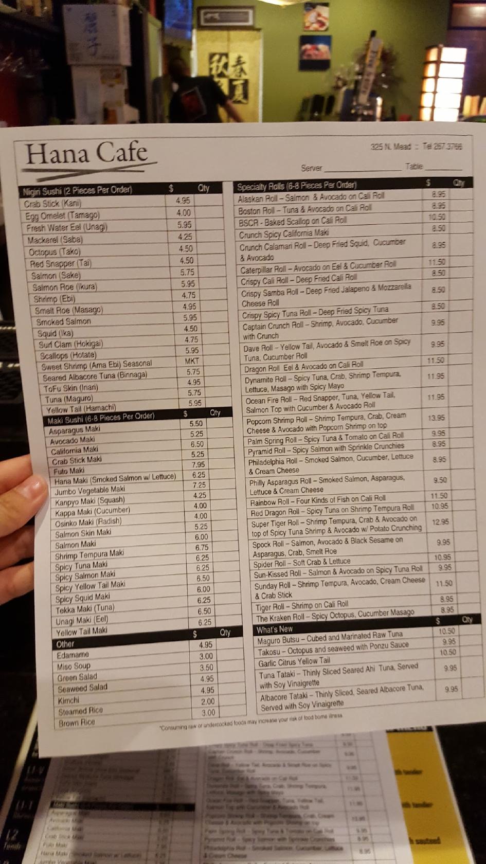 Menu at Hana Cafe, Wichita