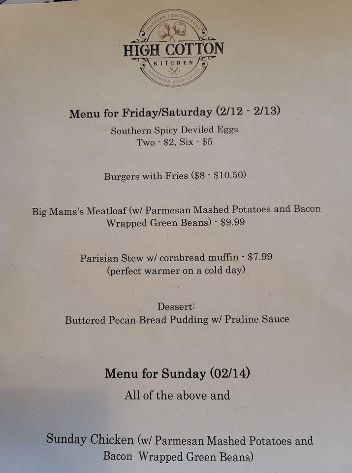 Menu at High Cotton Kitchen restaurant, Paris