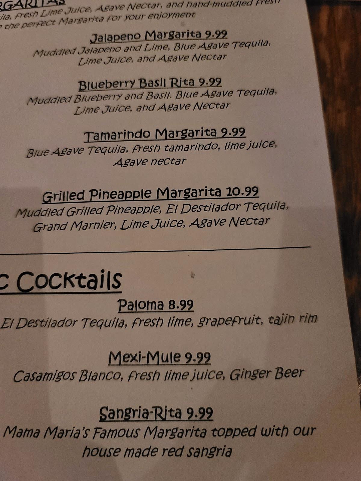 Menu at Mama Maria’s Taco and Tequila Bar, Orland Park