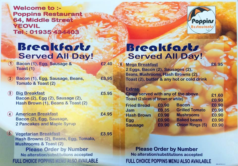 Menu at Poppins restaurant, Yeovil