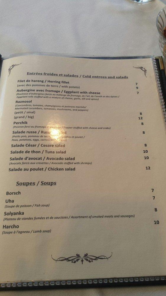 Carta del restaurante Rasputin, Montréal