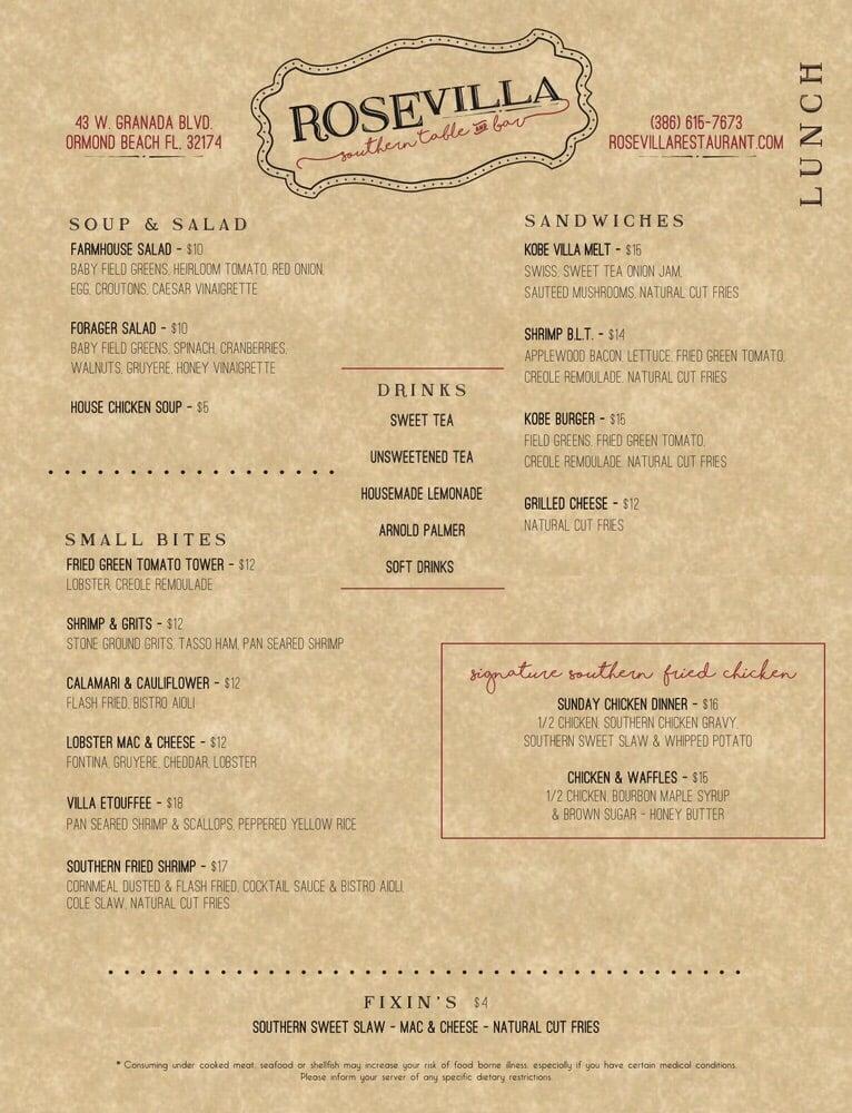 Menu at Rose Villa Restaurant, Southern Table and Bar, Ormond Beach