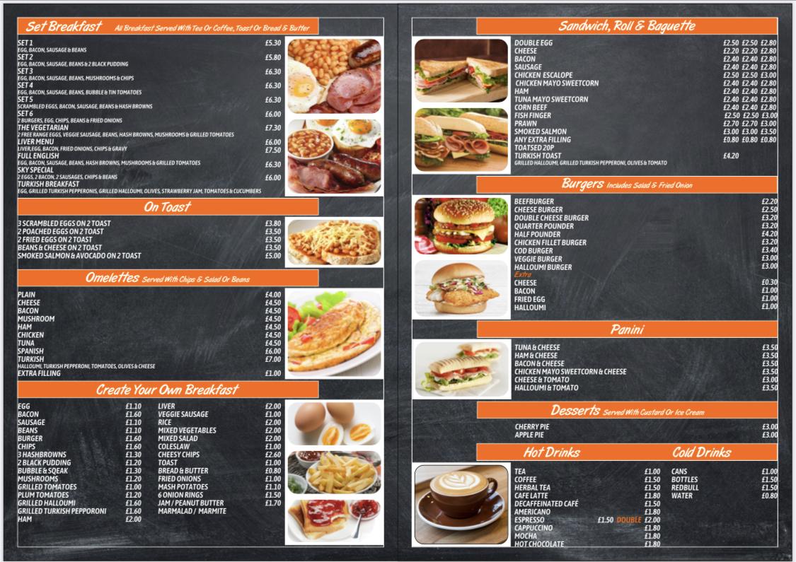 Menu at Sky Cafe, London, 47 Staffa Rd