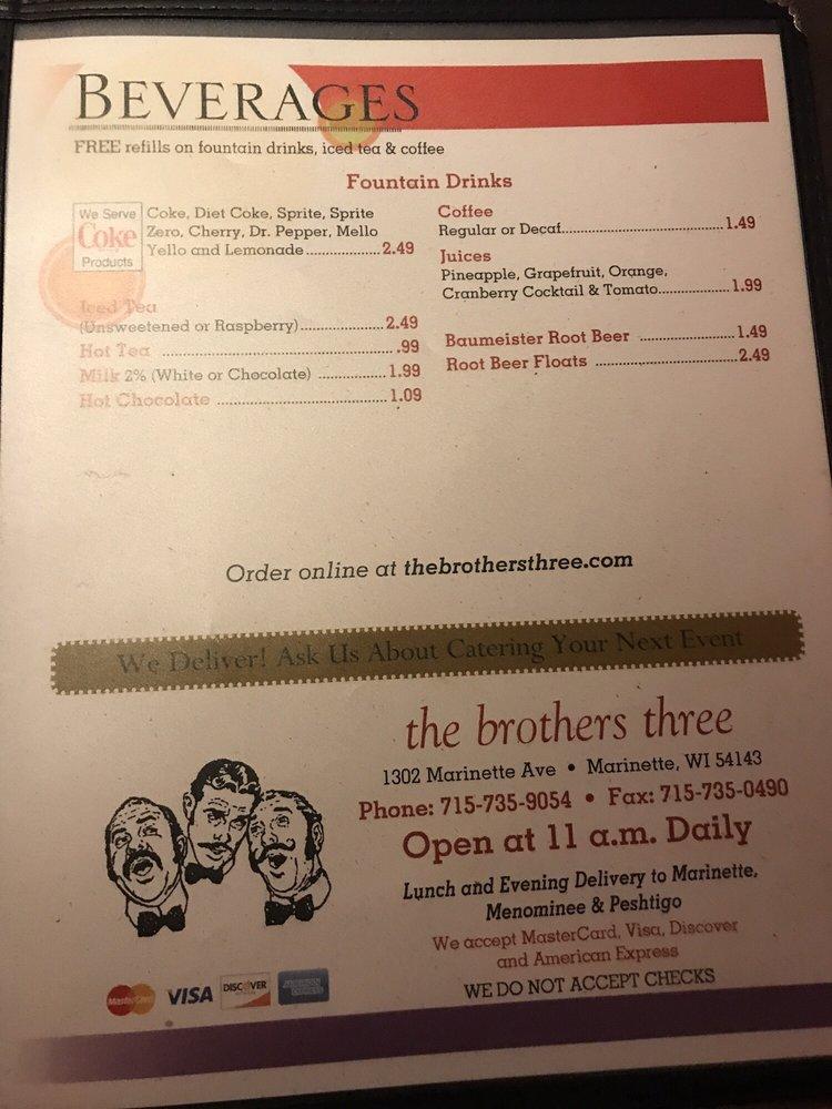 Menu at The Brothers Three pizzeria, Marinette