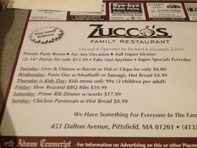 Menu at Zucco's Family Restaurant, Pittsfield