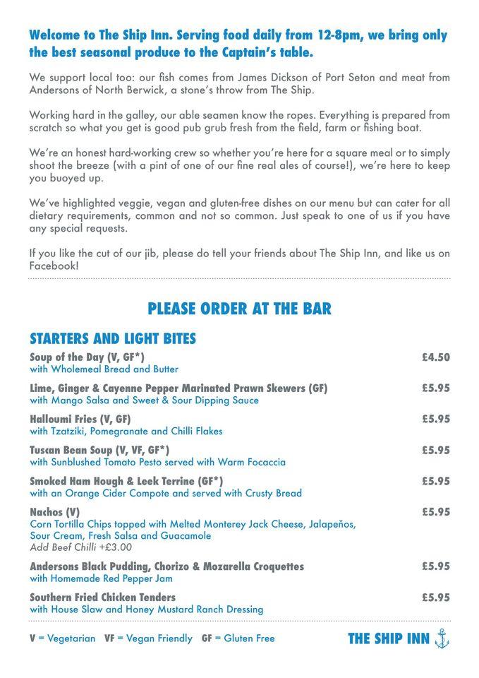 Menu at The Ship Inn pub & bar, North Berwick