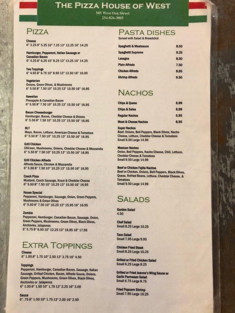 Menu at The Pizza House pizzeria, West