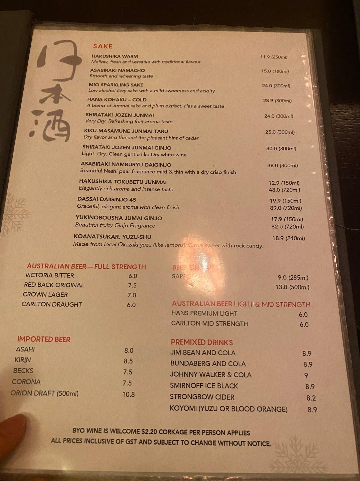 Menu at YUKI Japanese Restaurant, Willetton, 7/113 Collins Rd