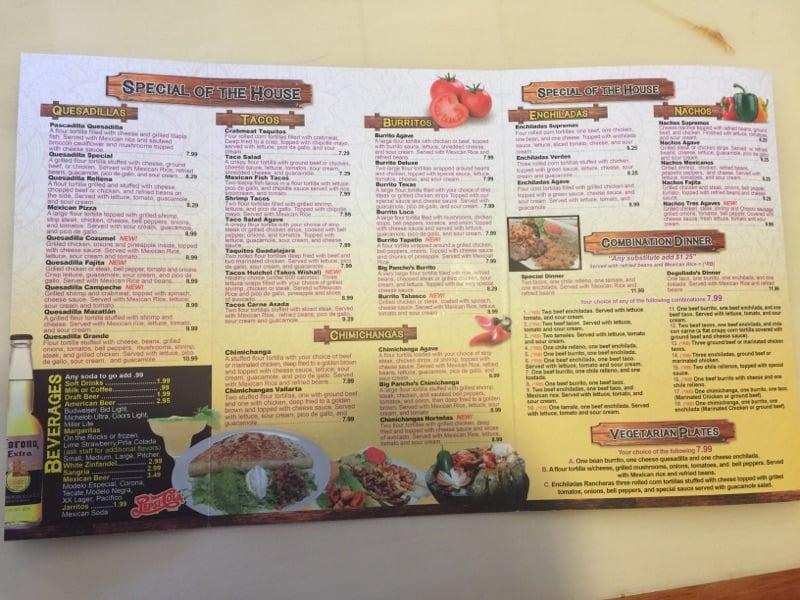 Menu at Agaves Mexican Grill restaurant, Ferdinand