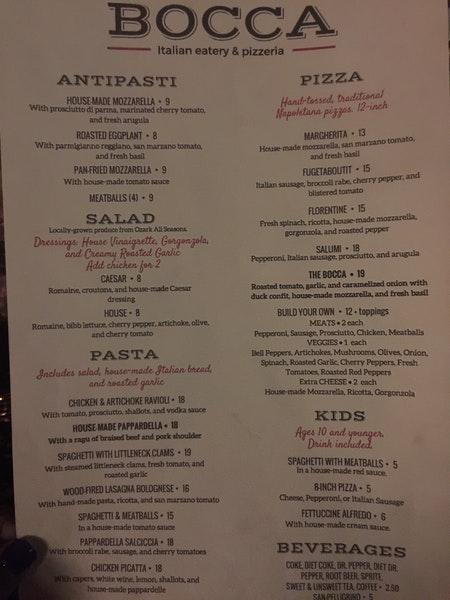 Menu at Bocca Italian eatery & pizzeria, Fayetteville