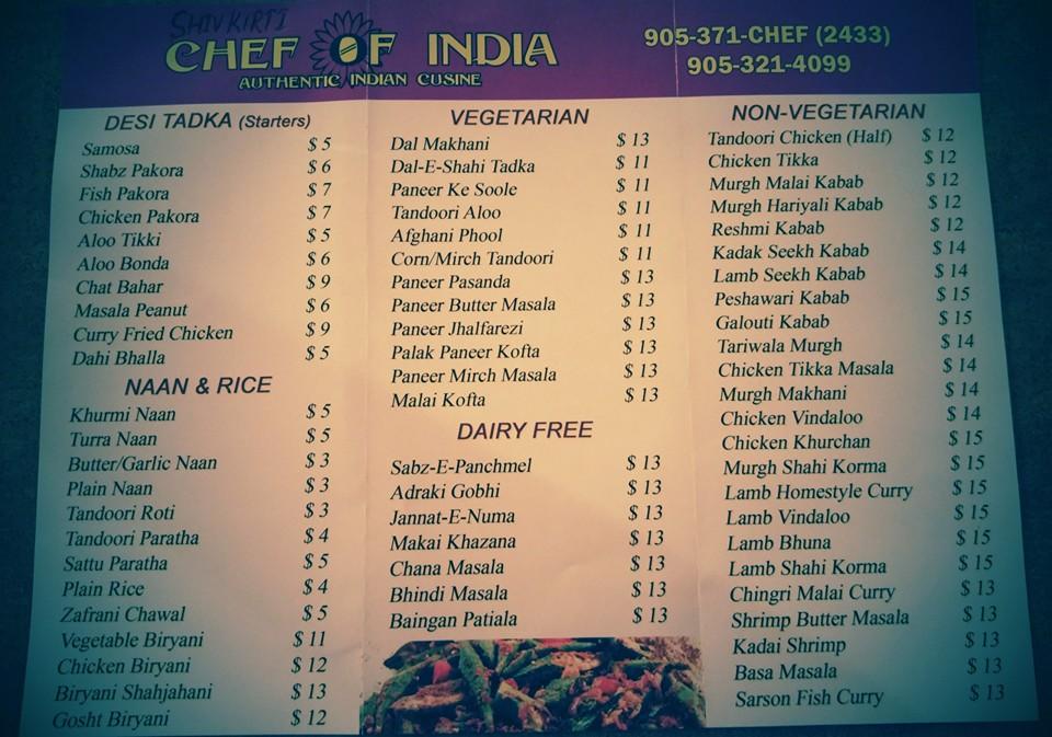 Menu at Chef of India restaurant, Niagara Falls
