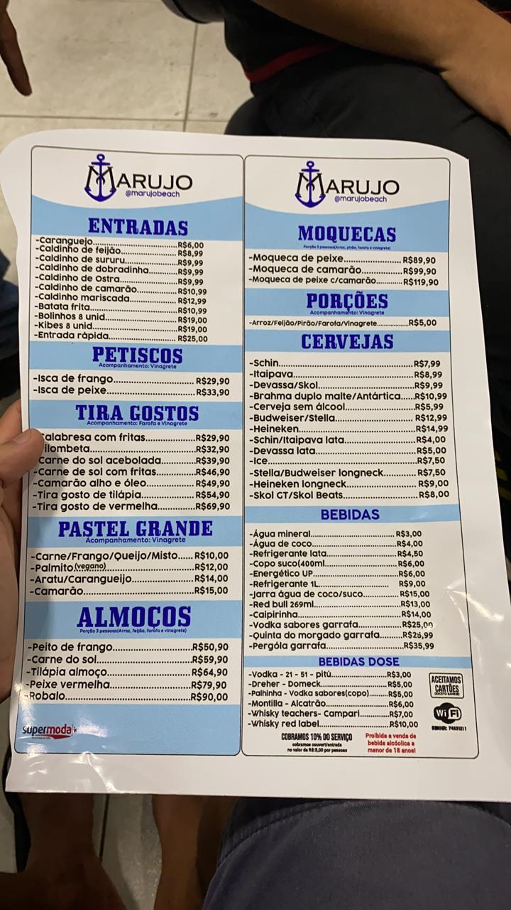 Menu at Marujo Beach Bar, Aracaju