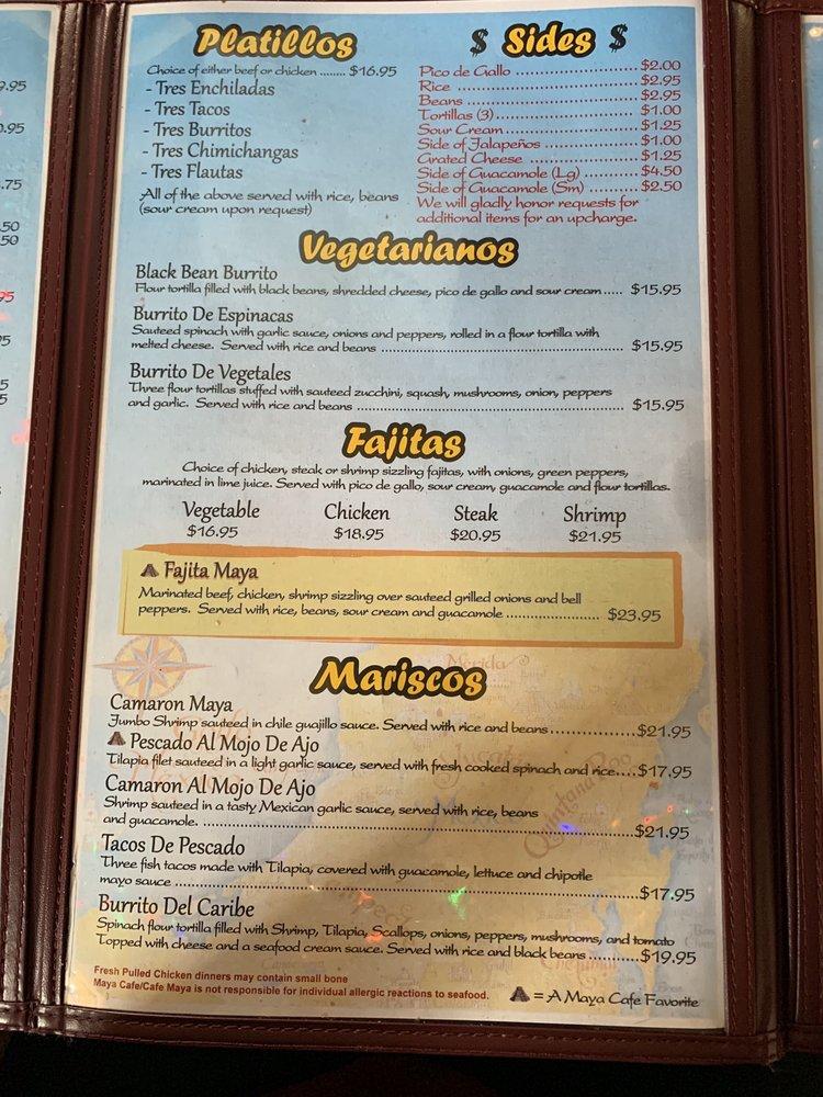 Menu at Maya Cafe, Fishkill