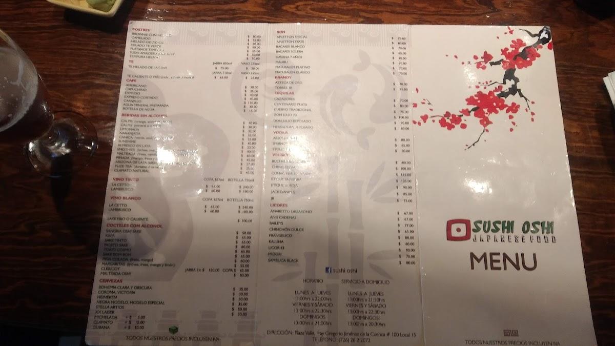 Carta del restaurante Sushi Oshi, Valle del Bravo