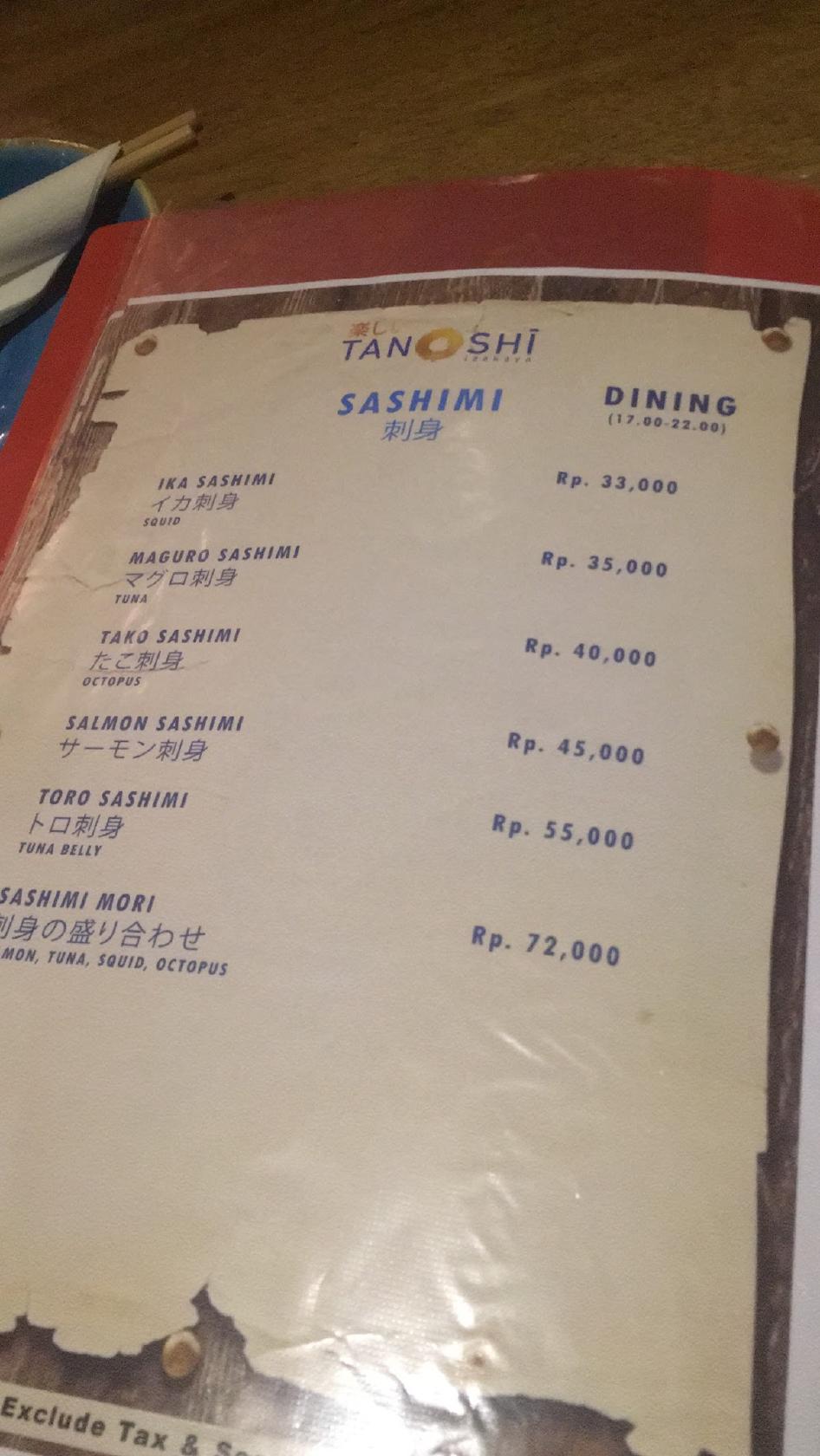 Menu at Tanoshi Izakaya Restaurant, Semarang