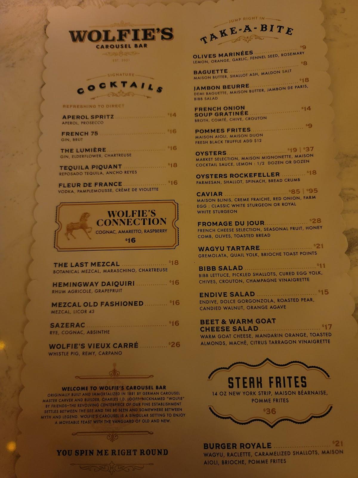 Menu at Wolfie's Carousel Bar, San Diego