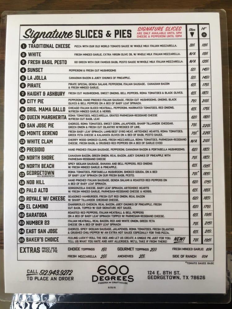 Menu at 600 Degrees Pizzeria, Georgetown