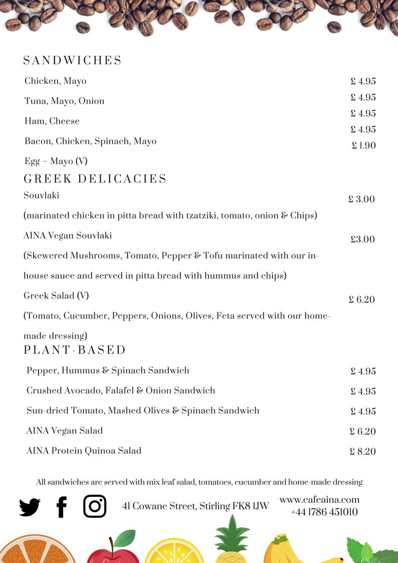 Menu at Cafe Aina Restaurant, Stirling