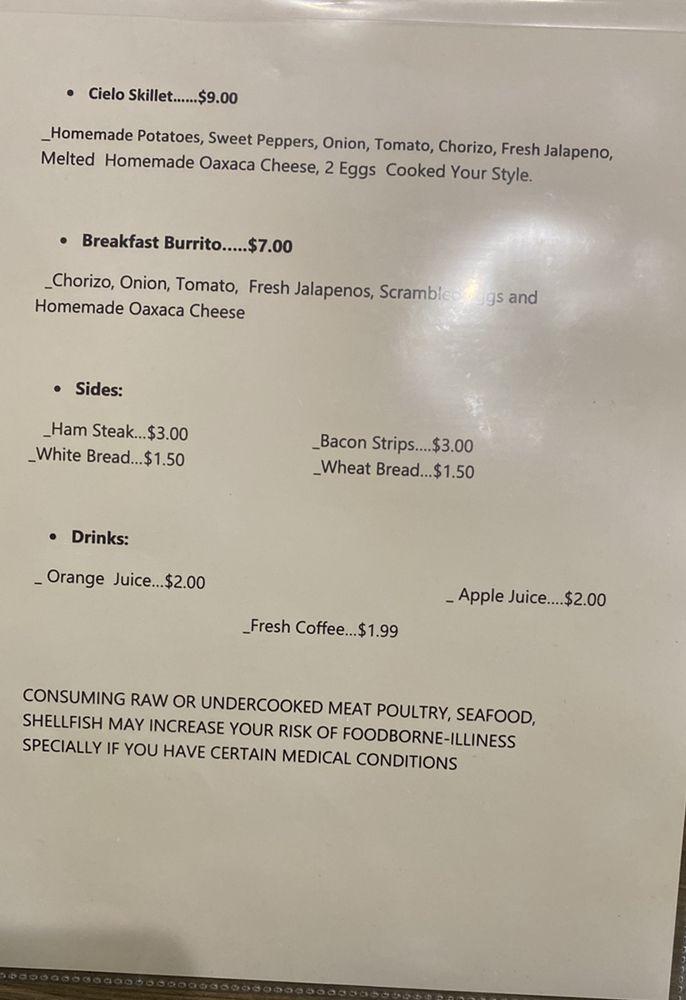 Menu at Cielo Mexican Grill restaurant, Schaumburg