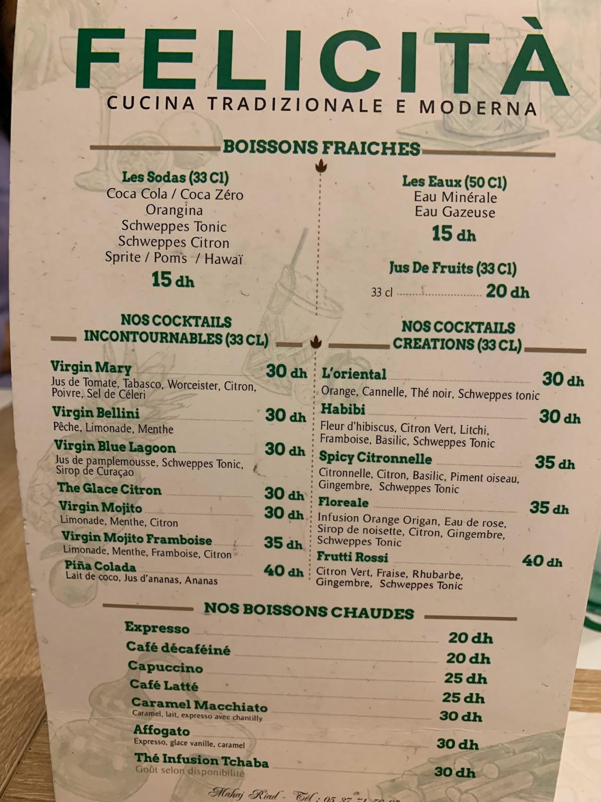 Menu au Felicita restaurant, Rabat