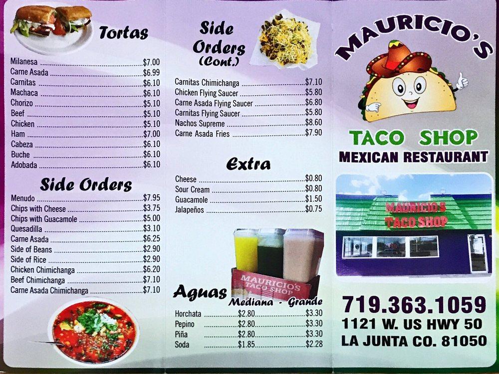 Menu at Mauricio's Taco Shop restaurant, La Junta