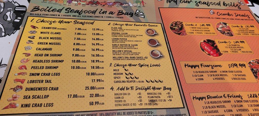 Menu at Million's Crab Maplewood restaurant, Maplewood