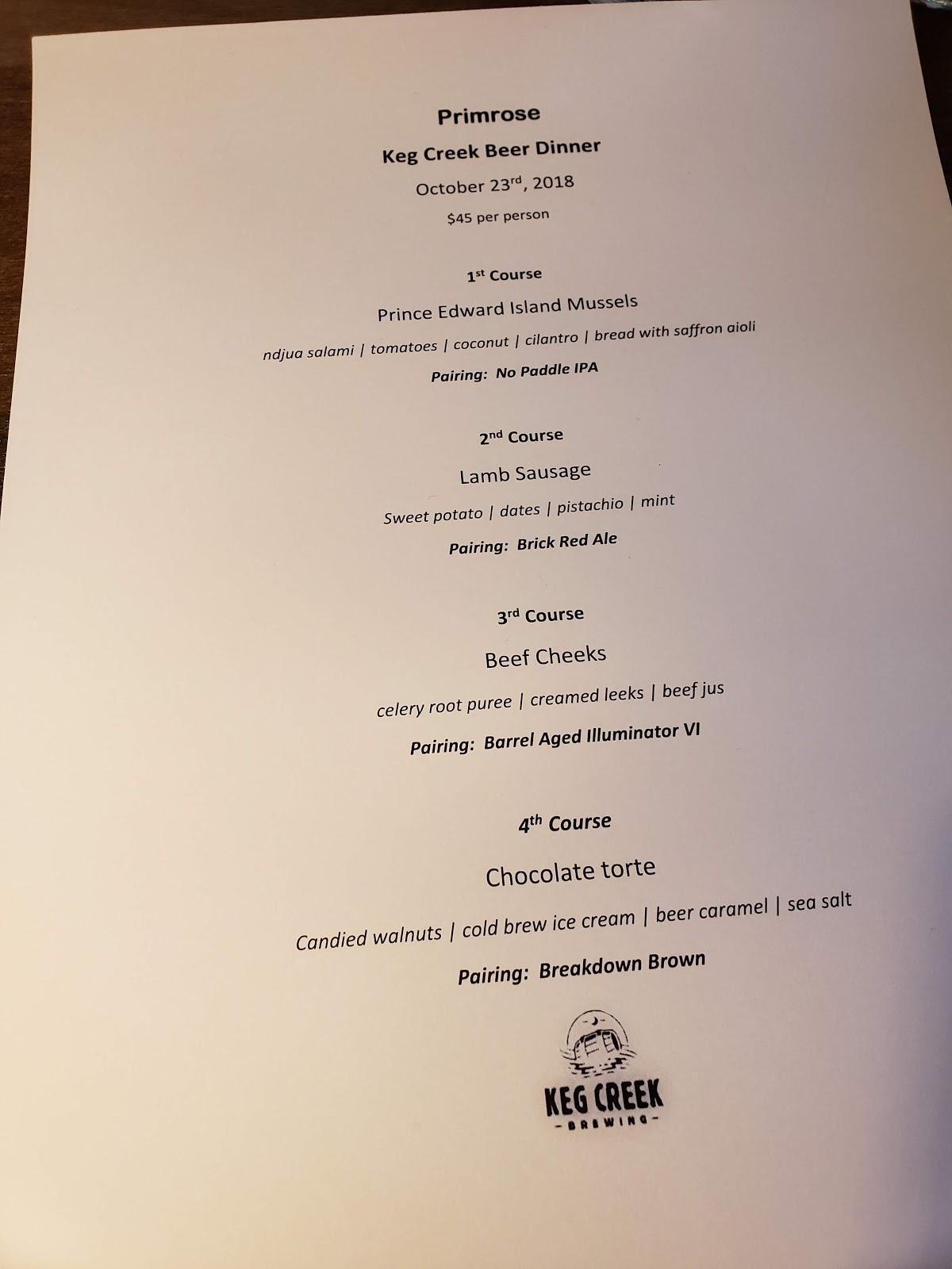 Menu at Primrose pub & bar, Corning