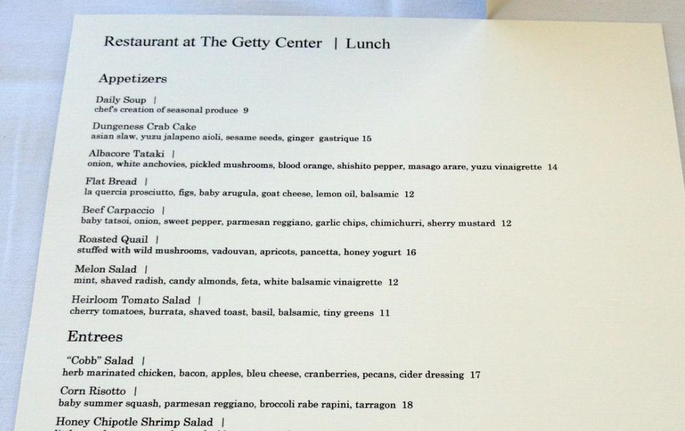 Menu at Restaurant at The Getty Center, Los Angeles