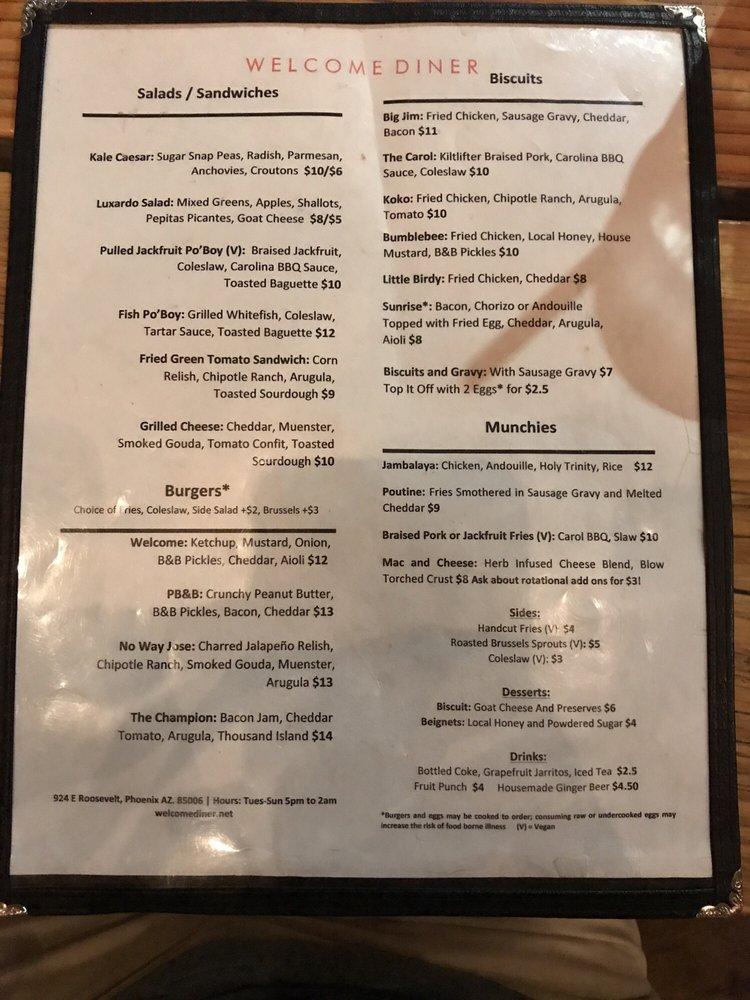 Menu at Welcome Diner restaurant, Phoenix, 929 E Pierce St