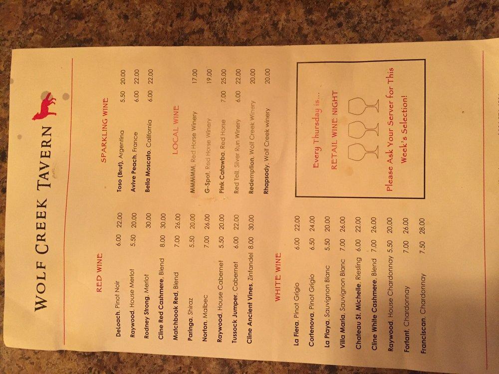 Menu at Wolf Creek Tavern restaurant, Norton