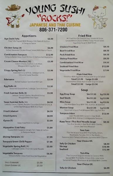 Menu at Young Sushi "Rocks!" restaurant, Amarillo