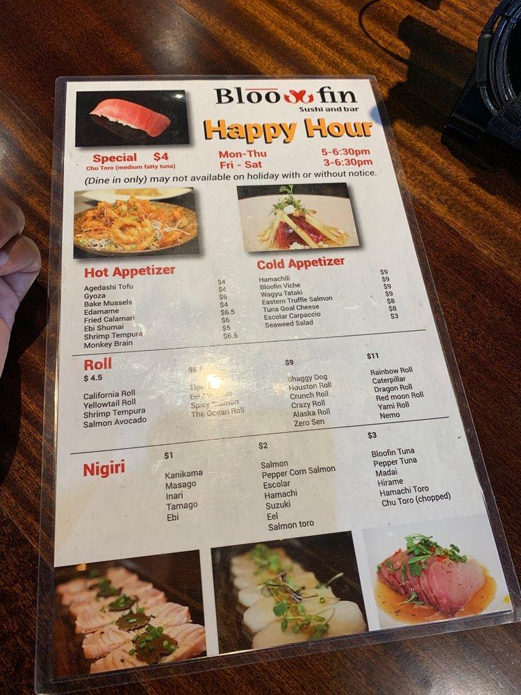 Menu at Blōōfin restaurant, The Woodlands