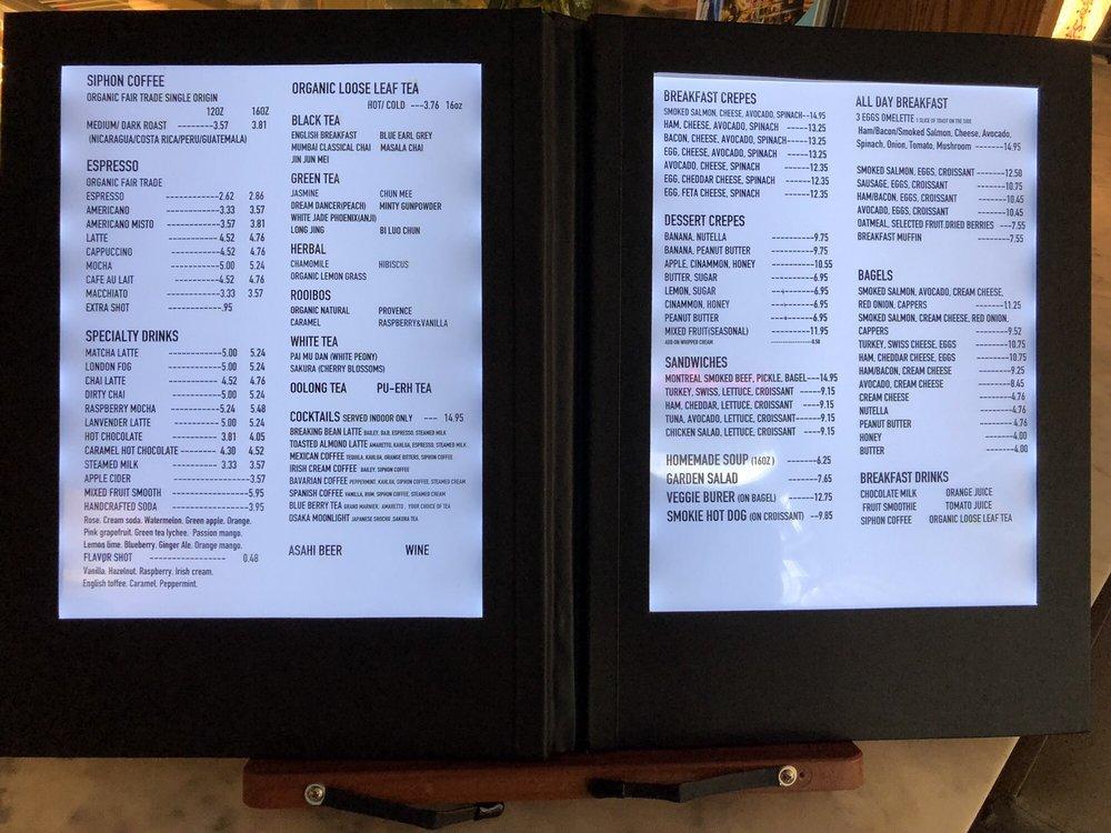 Menu at Breaking Bean cafe, Vancouver