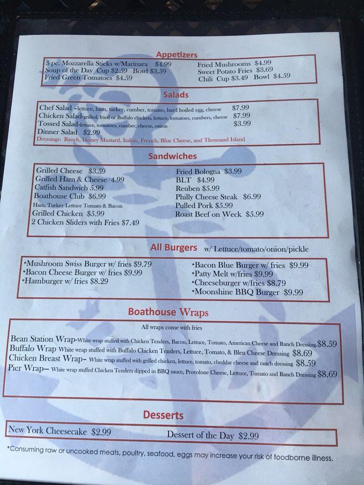 Menu at Cook's Boathouse Restaurant, Bean Station