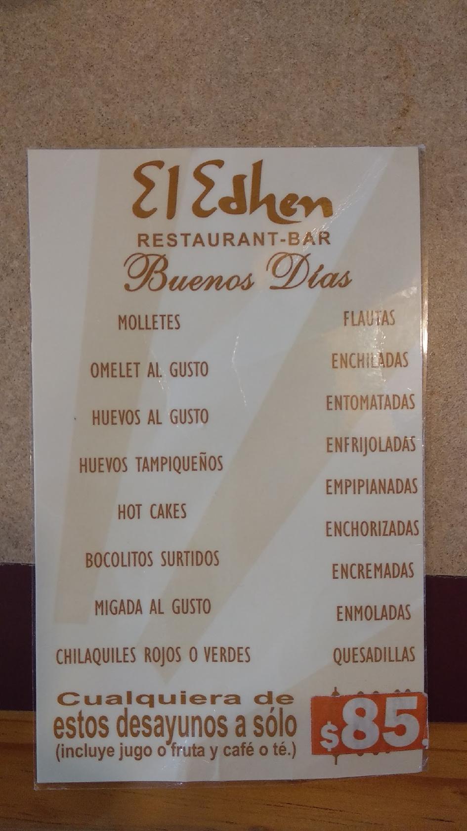 Carta del restaurante El Eden, Tampico, Priv. Miguel Hidalgo 6814