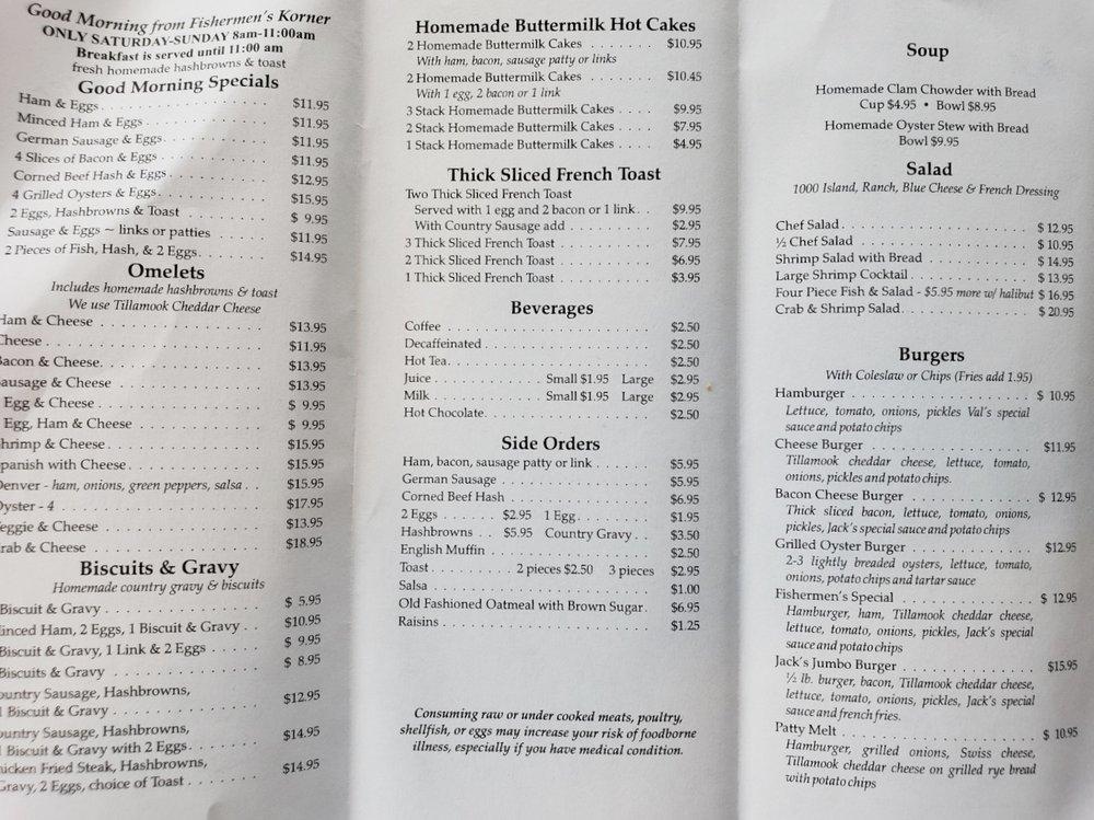 Menu at Fisherman's Korner Restaurant, Garibaldi