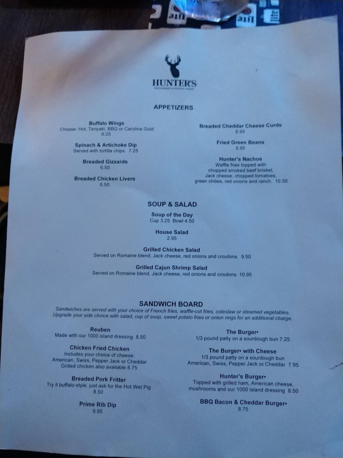 Menu at Hunter's Restaurant & Lounge, Waco