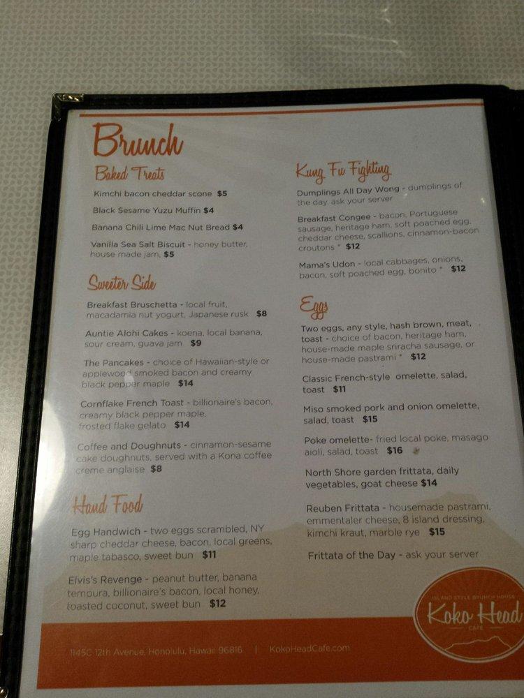 Menu at Koko Head Cafe, Honolulu
