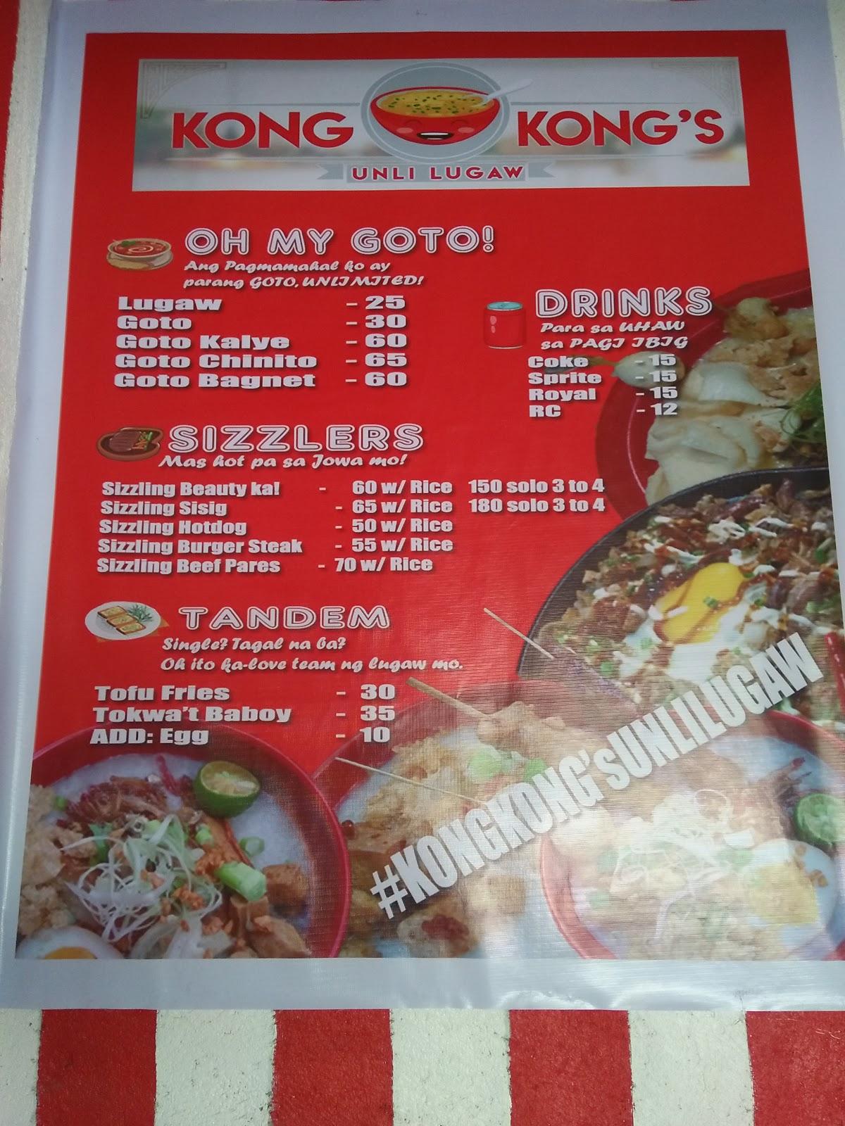 Menu at Kong Kong's Unli Lugaw restaurant, Castillejos