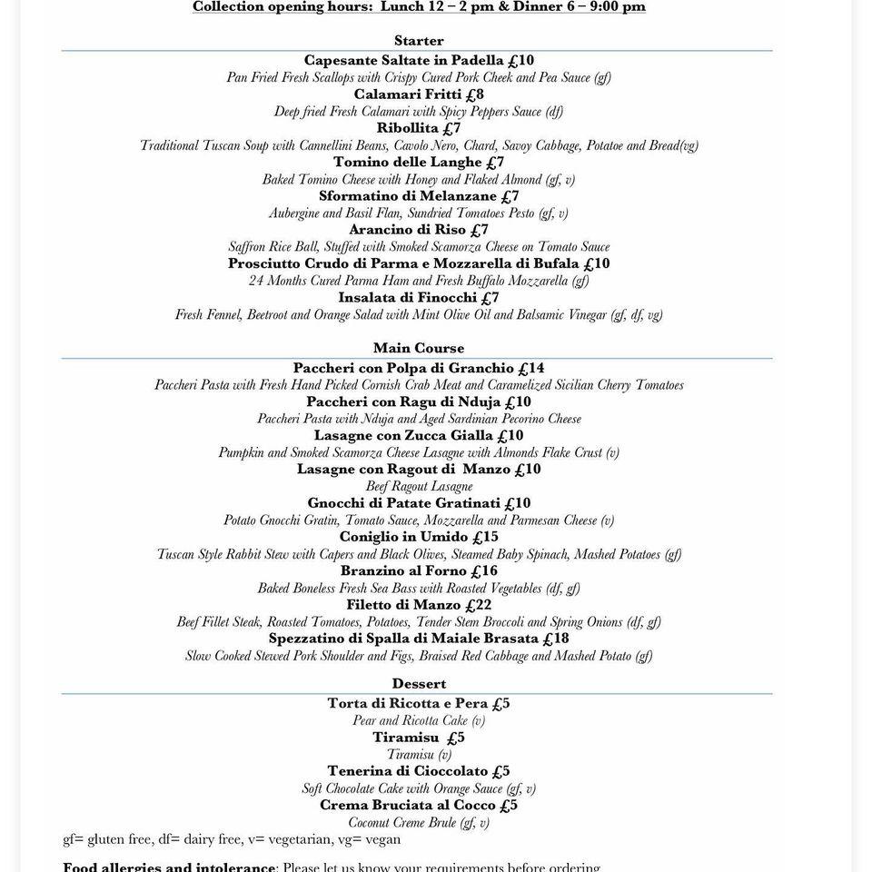 Carta del restaurante Pentolina, Londres