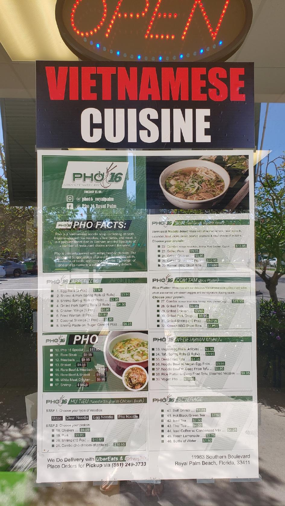 Menu at Pho 16 Royal Palm restaurant, Royal Palm Beach, Southern Blvd