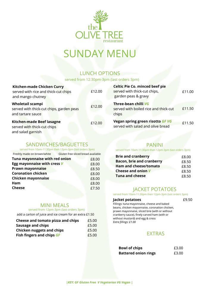 Menu at The Olive Tree restaurant, Pyle