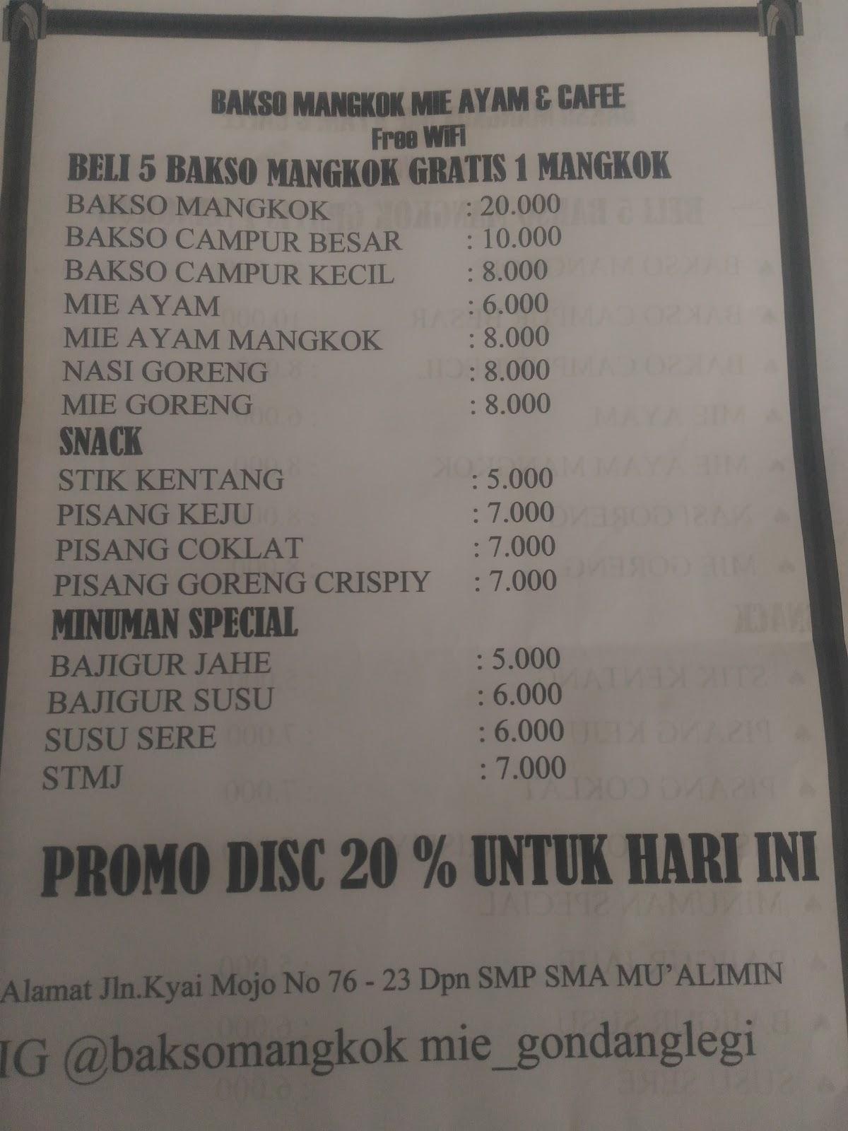 Menu at bakso mangkok mie ayam&cafe, Pagelaran, Jl. Kyai Mojo No.76-23