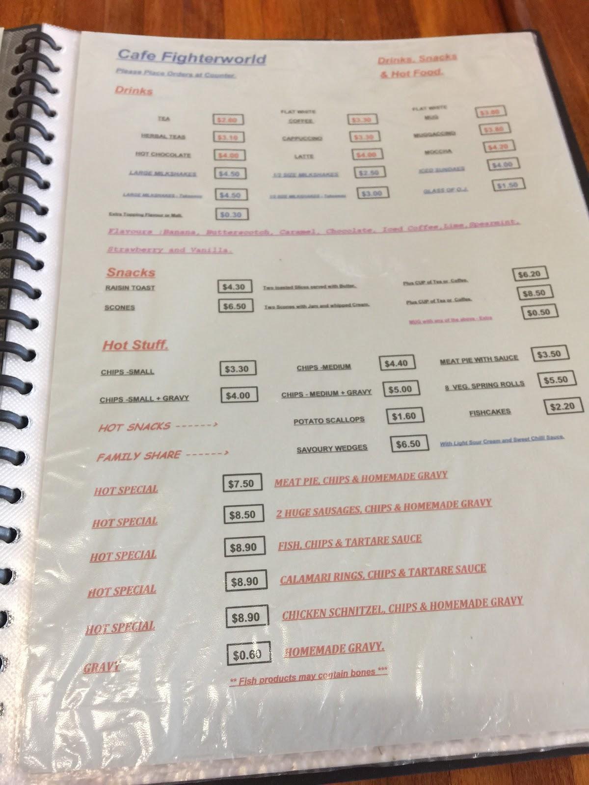 Menu at Cafe Fighterworld, Williamtown