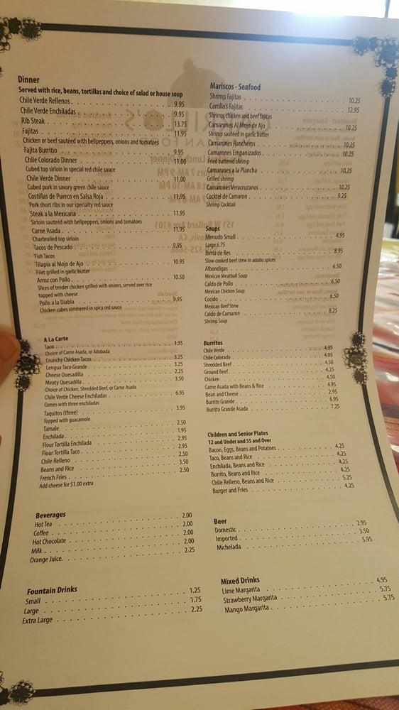 Menu at Carrillo's Mexican Food restaurant, Clovis