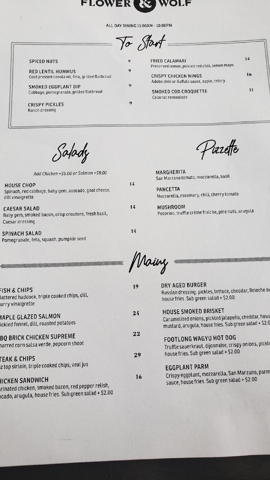 Menu at Flower and Wolf Calgary restaurant, Calgary