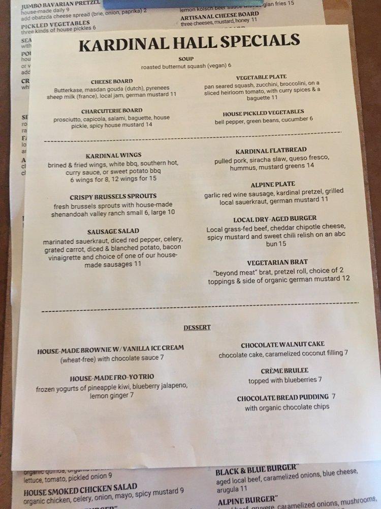 Menu at Kardinal Hall pub & bar, Charlottesville