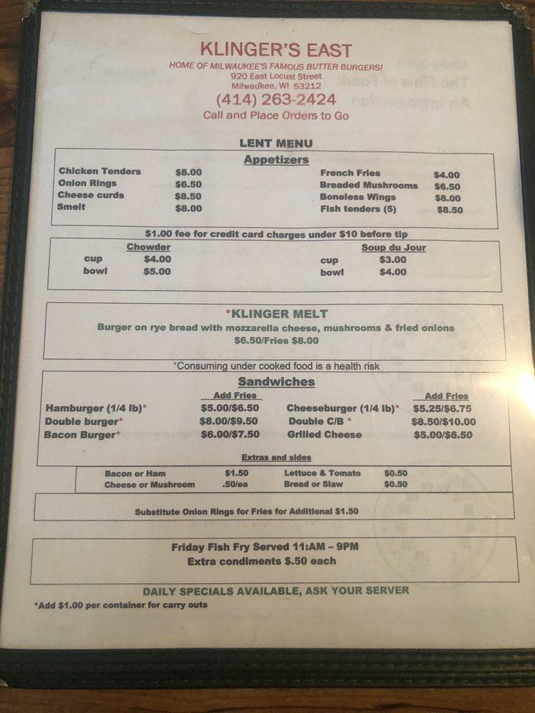 Menu at Klinger's East pub & bar, Milwaukee