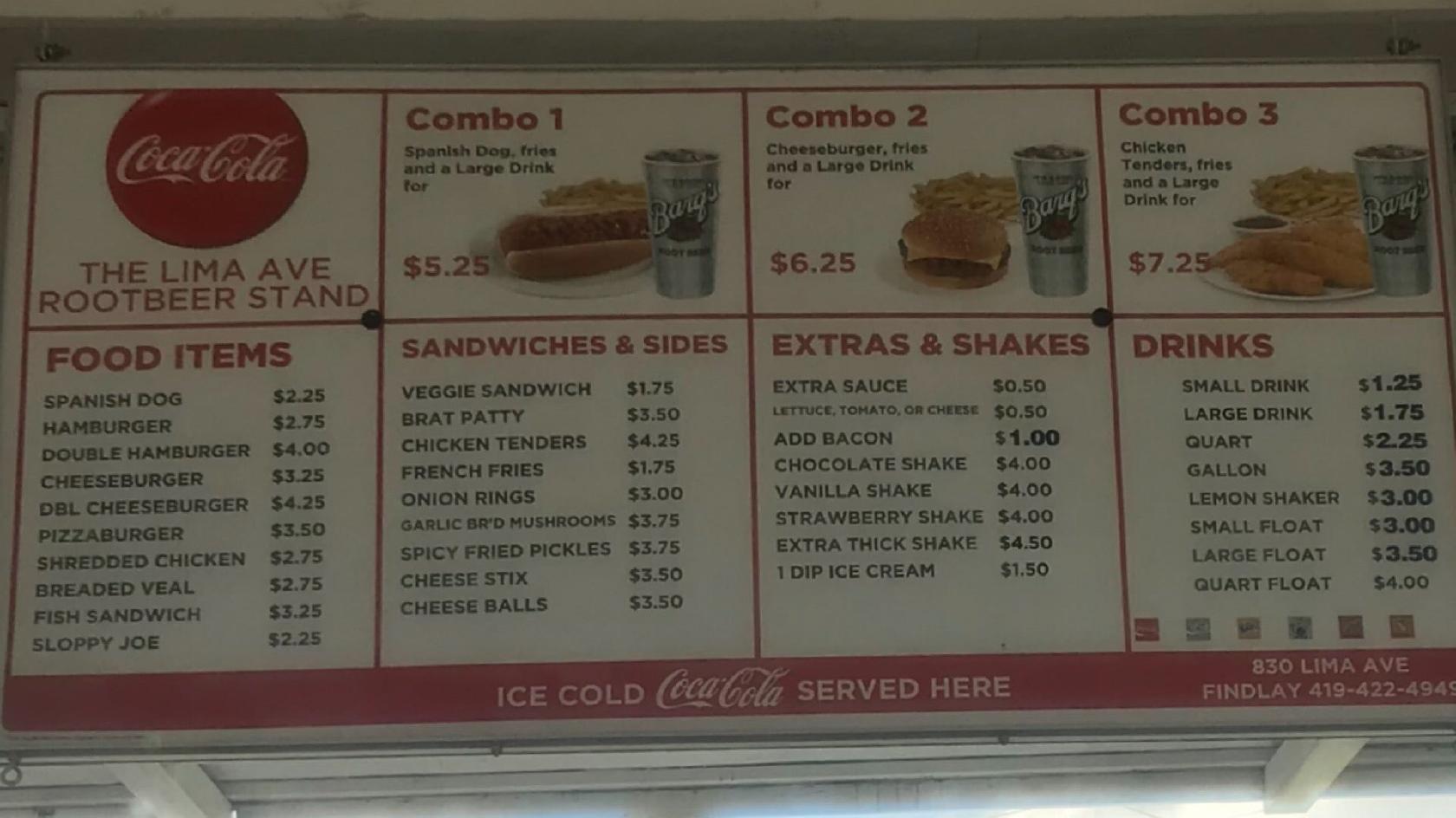 Menu at Lima Avenue Root Beer Stand restaurant, Findlay