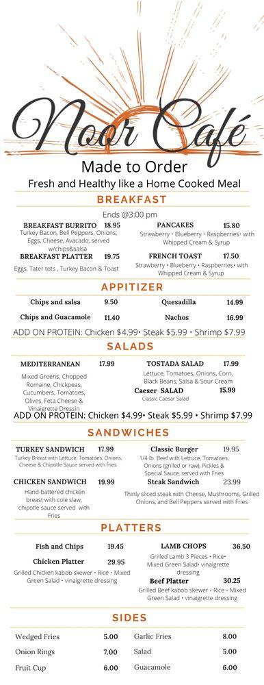 Menu at Noor cafe, Los Angeles